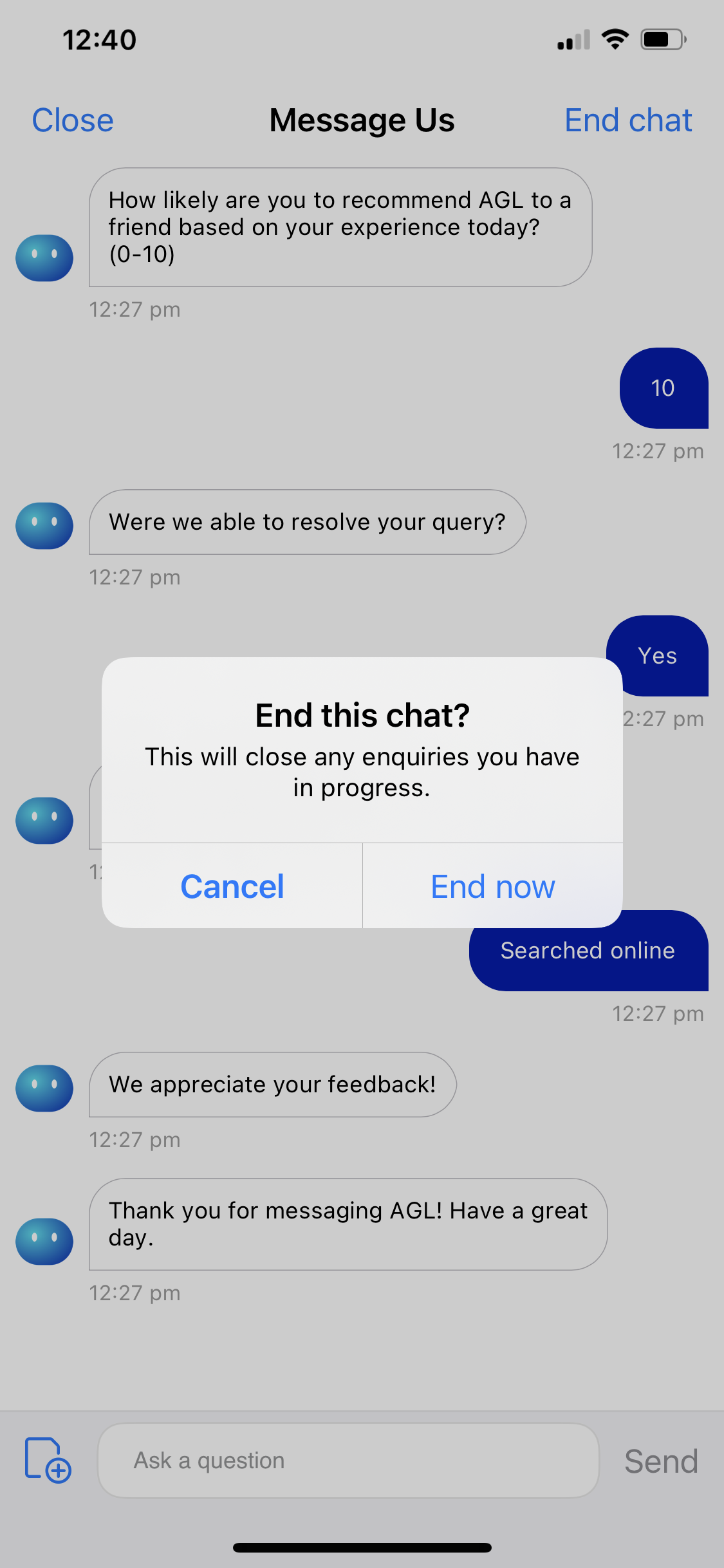 End Chat doesn’t appear to work - Neighbourhood | AGL
