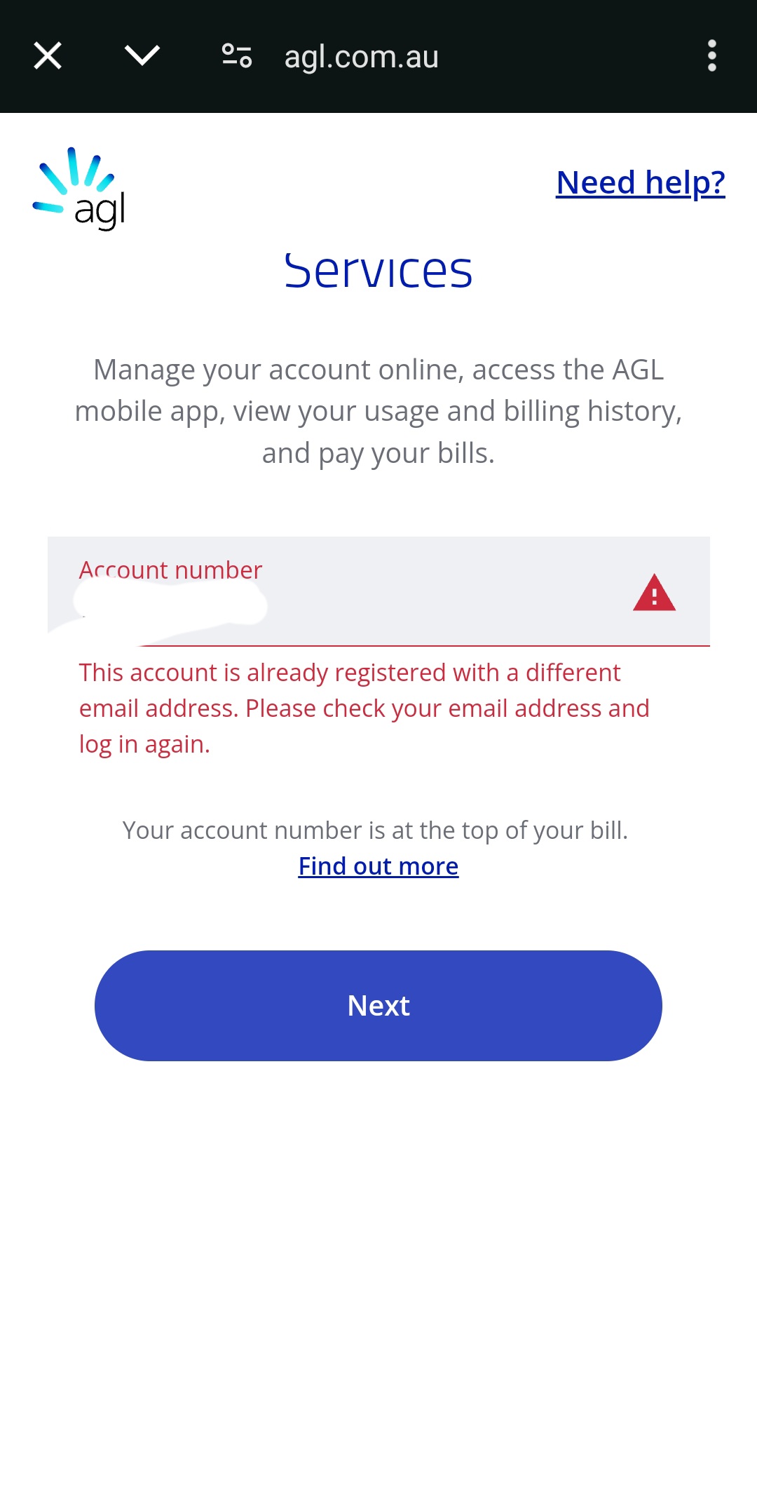 Account number not connected to my email - Neighbourhood | AGL